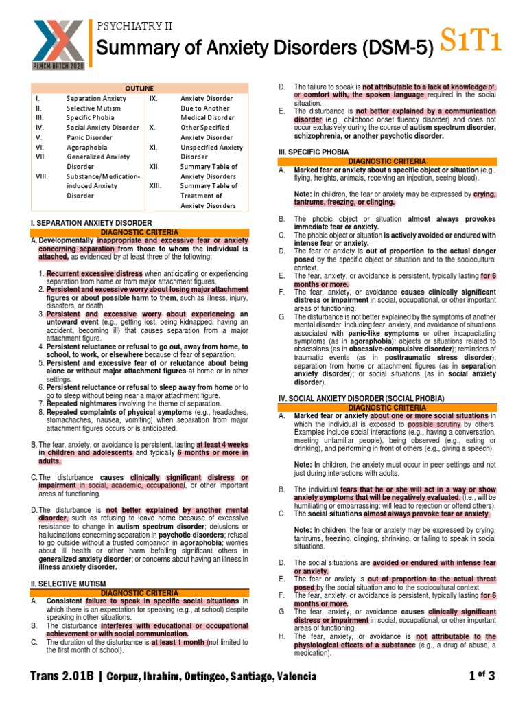 Summary of Anxiety Disorders (DSM-5) | PDF | Anxiety Disorder | Phobia