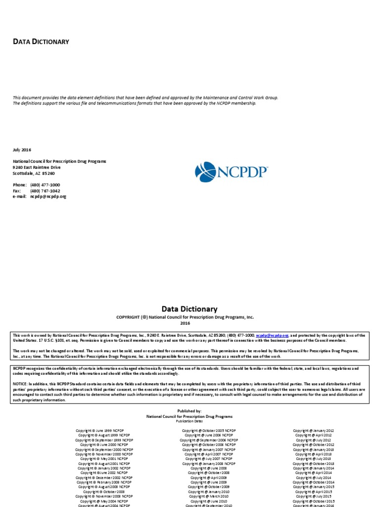 NCPDP Data Dictionary 201607 | PDF | Medical Prescription | Proprietary ...