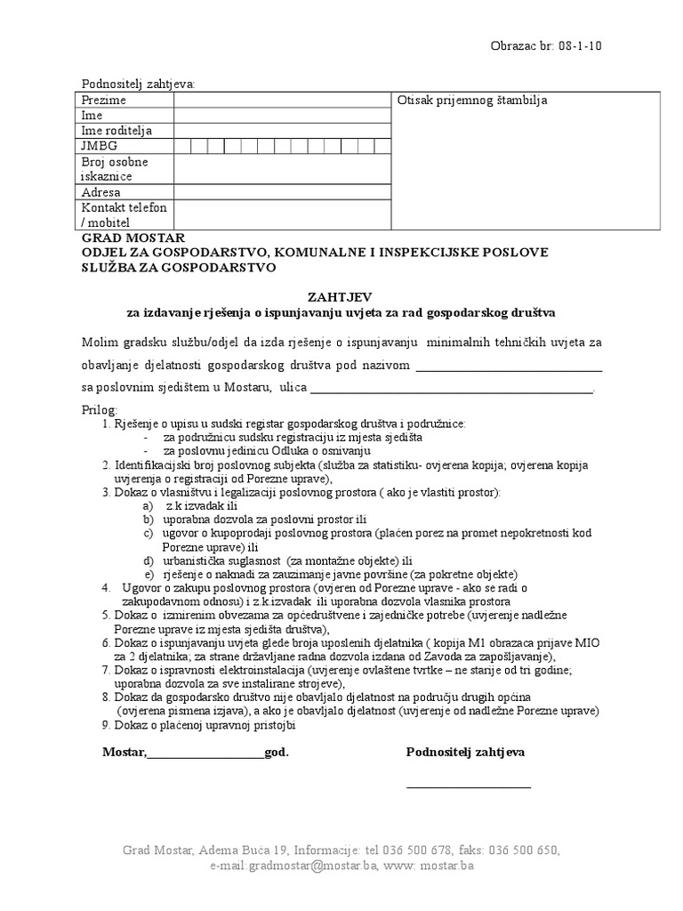 Zahtjev o Ispunjenju Uvjeta Za Rad Gosp Drustva | PDF