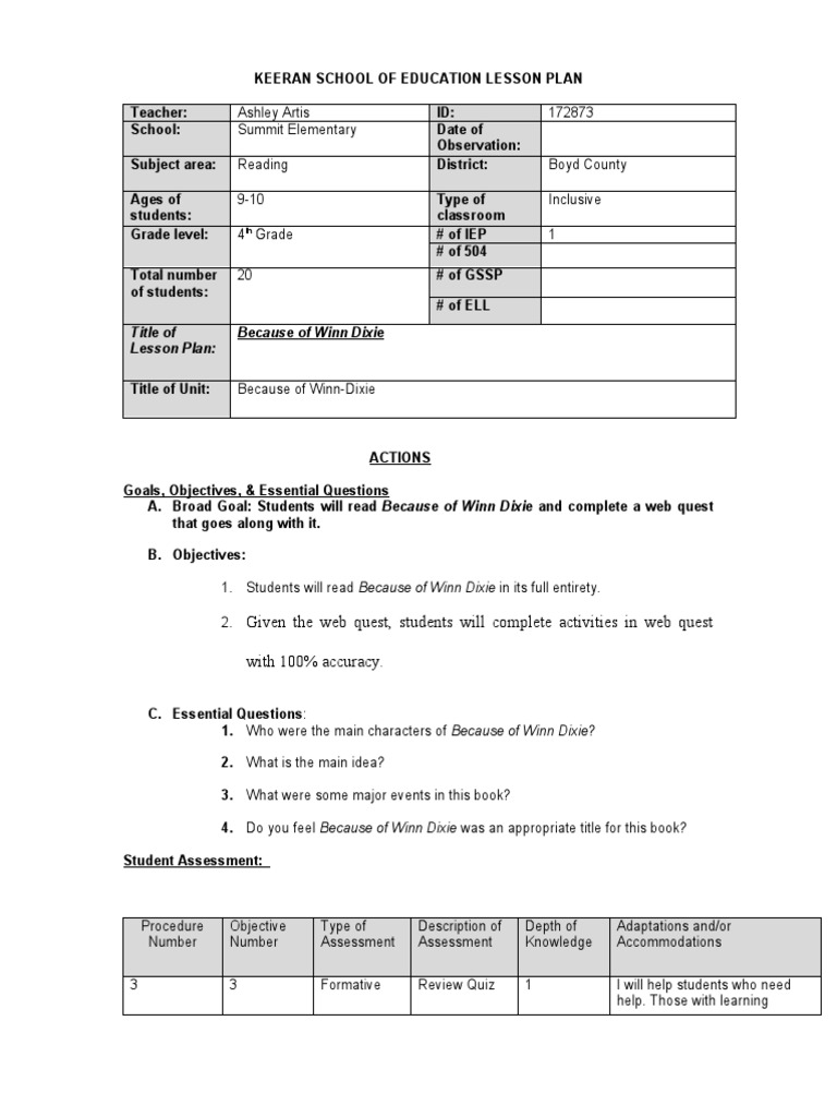 4th Grade Lesson Plan: Winn-Dixie | PDF | Educational Assessment ...