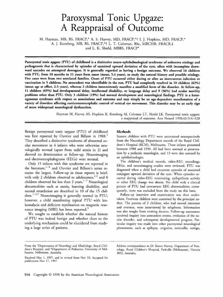 Paroxysmal Tonic Upgaze A Reappraisal of | PDF | Cerebral Cortex | Epilepsy