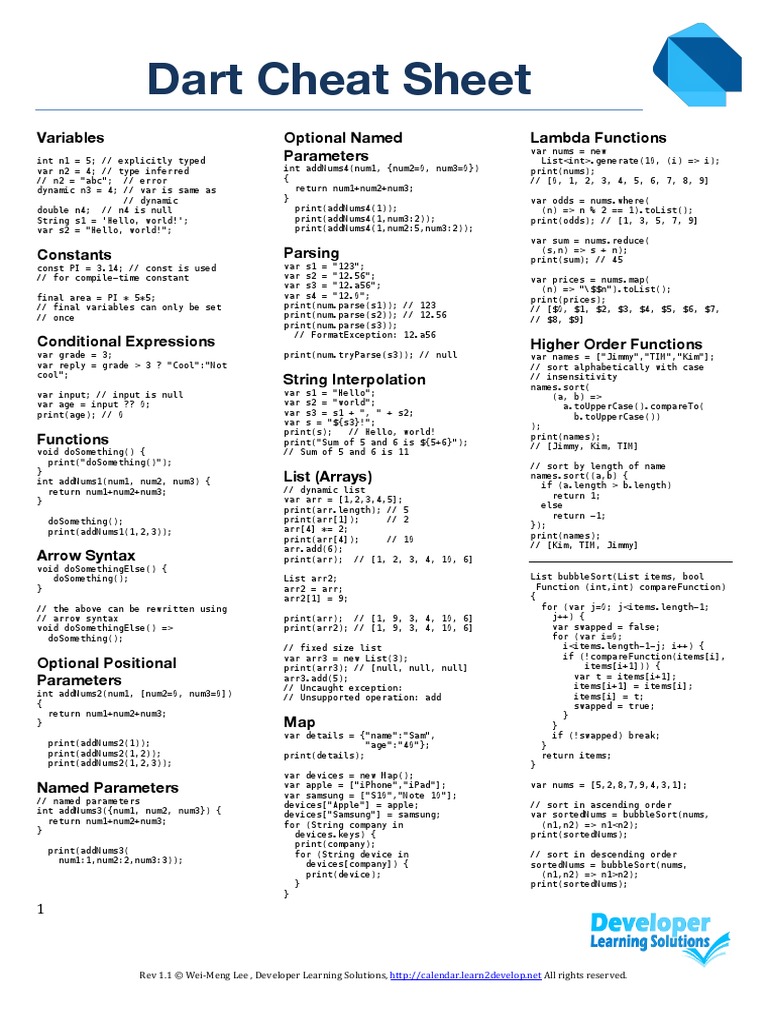 Dart Cheat Sheet | PDF | Constructor (Object Oriented Programming ... Dart Cheat Sheet | PDF | Constructor (Object Oriented Programming ...
