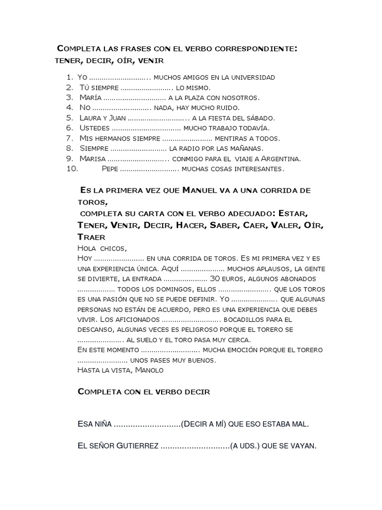 Ejercicios de Tener, Decir, Oír, Venir | PDF