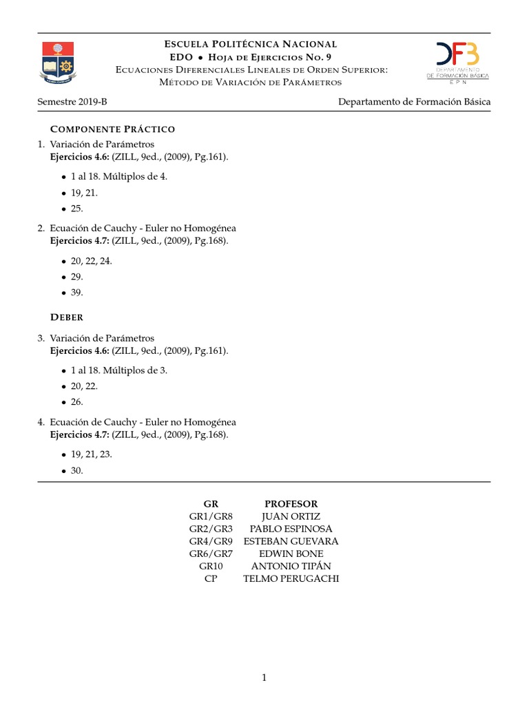 Hoja Ejercicios EDO 2019B 9 VariaciondeParametros | PDF