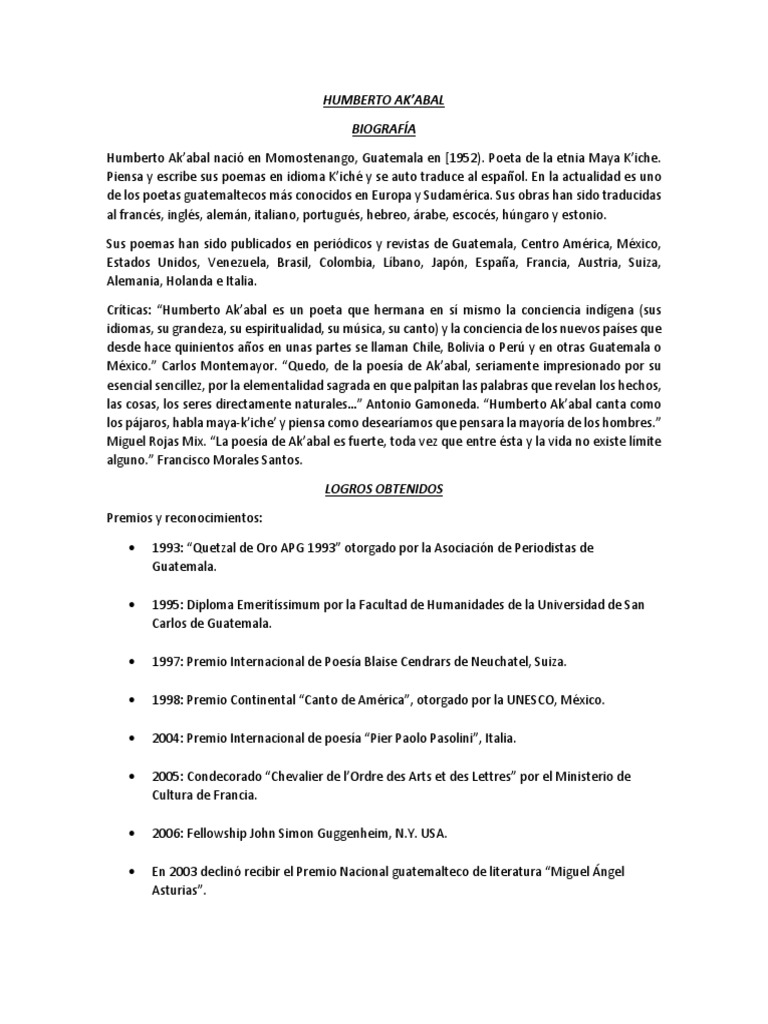 Biografía y obras de Humberto Ak’abal | PDF | Poesía