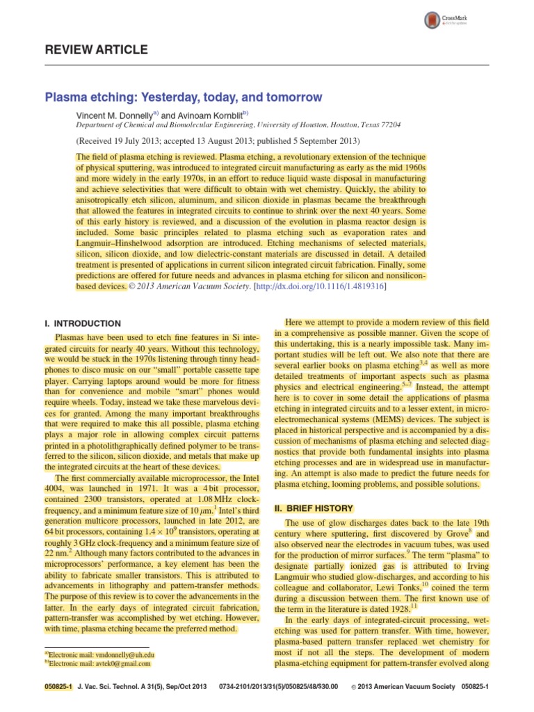 JVST - Etch - Rev - Donnely 2013 PDF | PDF | Plasma (Physics) | Sputtering