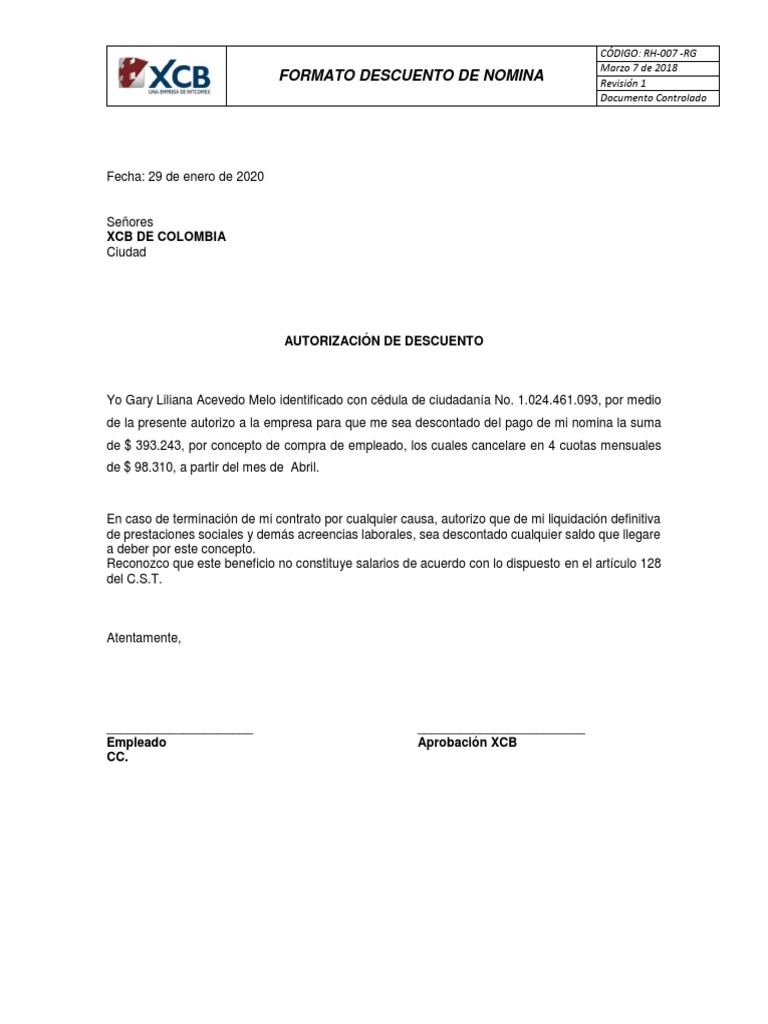 Formato Autorización Descuento de Nómina | PDF