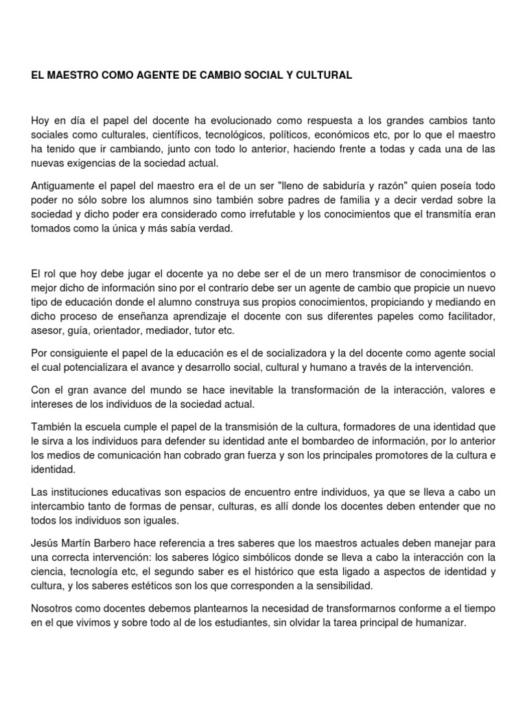 El Maestro Como Agente De Cambio Social Y Cultural Pdf Sociedad