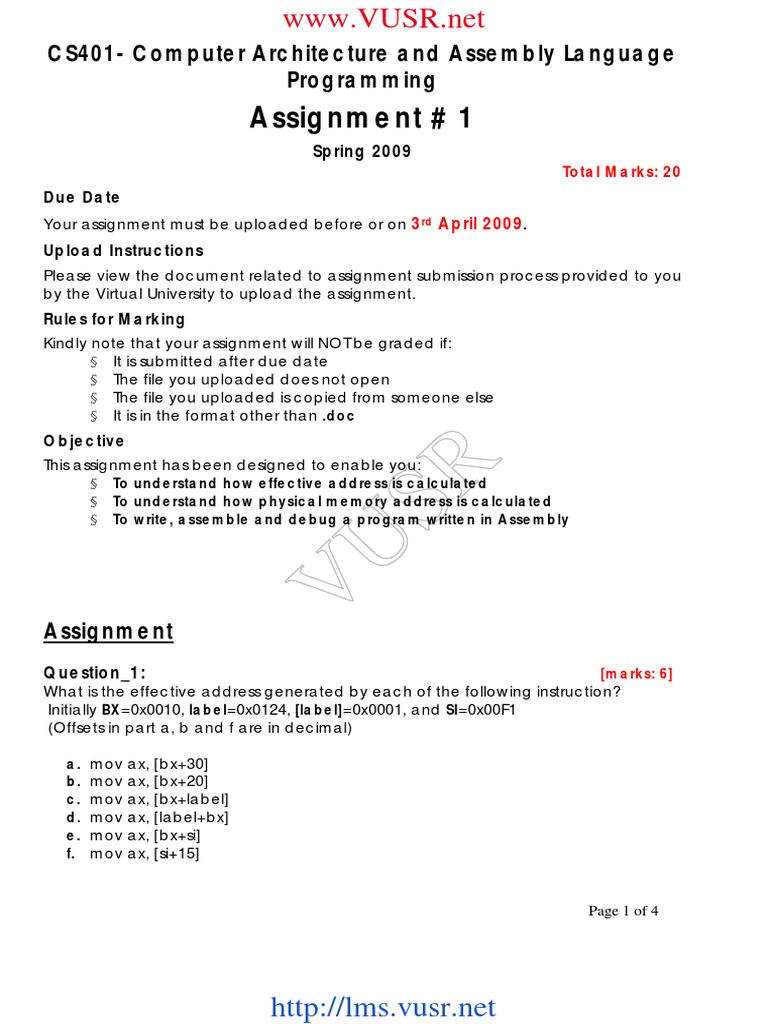 Computer Architecture And Assembly Language Programming Cs401 Spring 2009 Assignment 01 Pdf