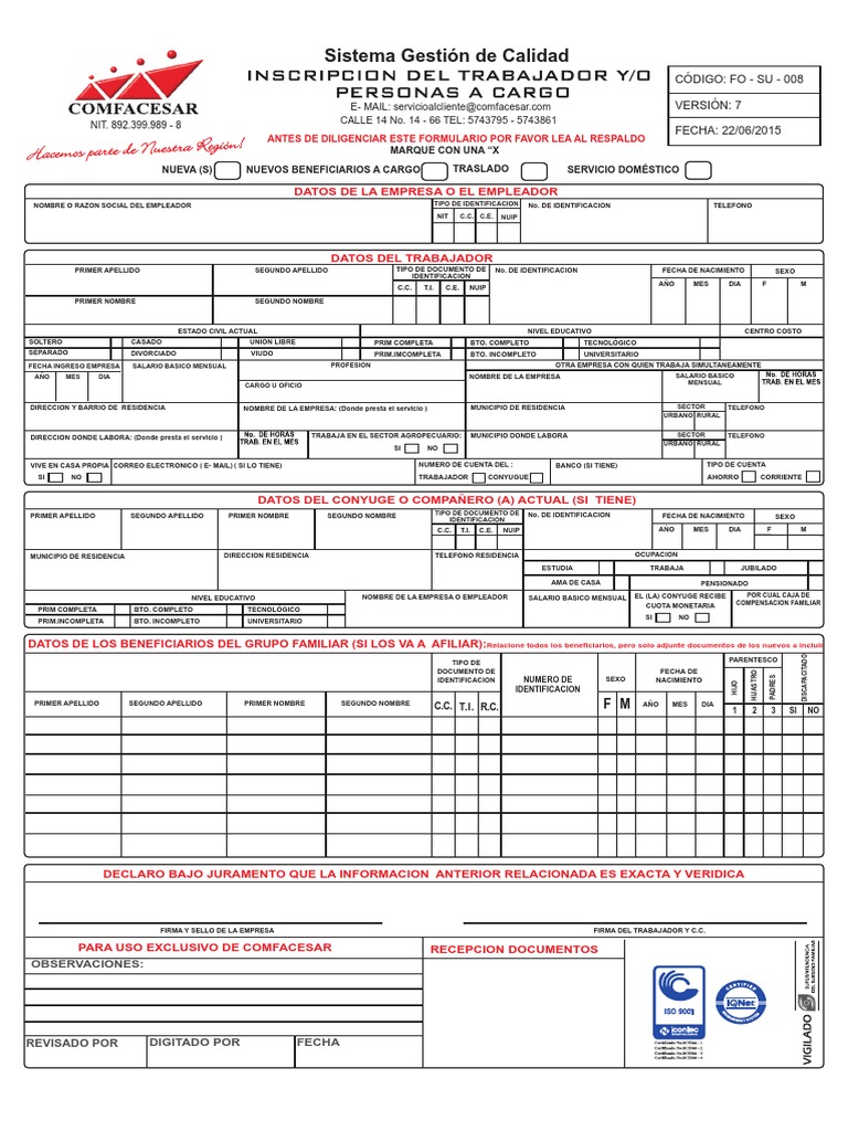 Formulario de Afiliacion Comfacesar PDF | PDF | Desempleo | Ciencias sociales