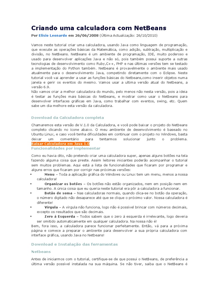 Calculadora Simples em Java com NetBeans | PDF | Aplicativos e Software | NetBeans