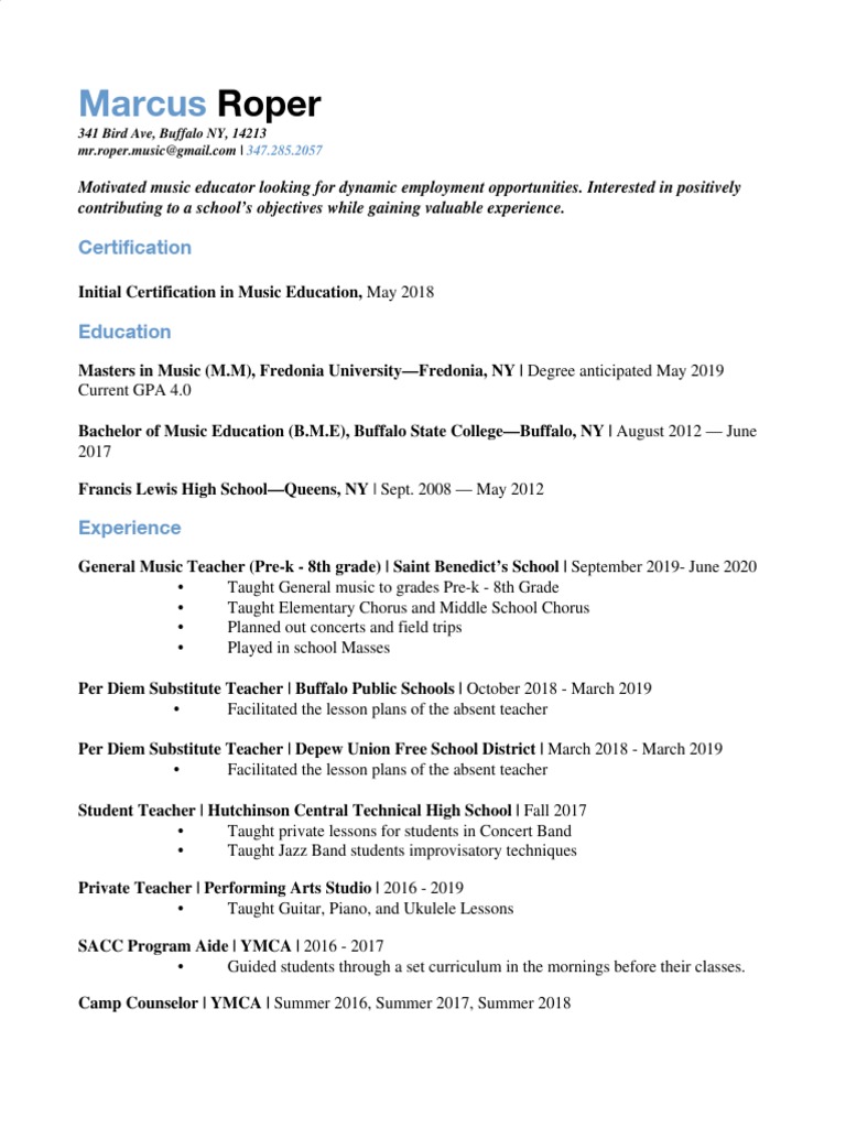 Marcus Roper Resume | PDF | Music Education | Teachers