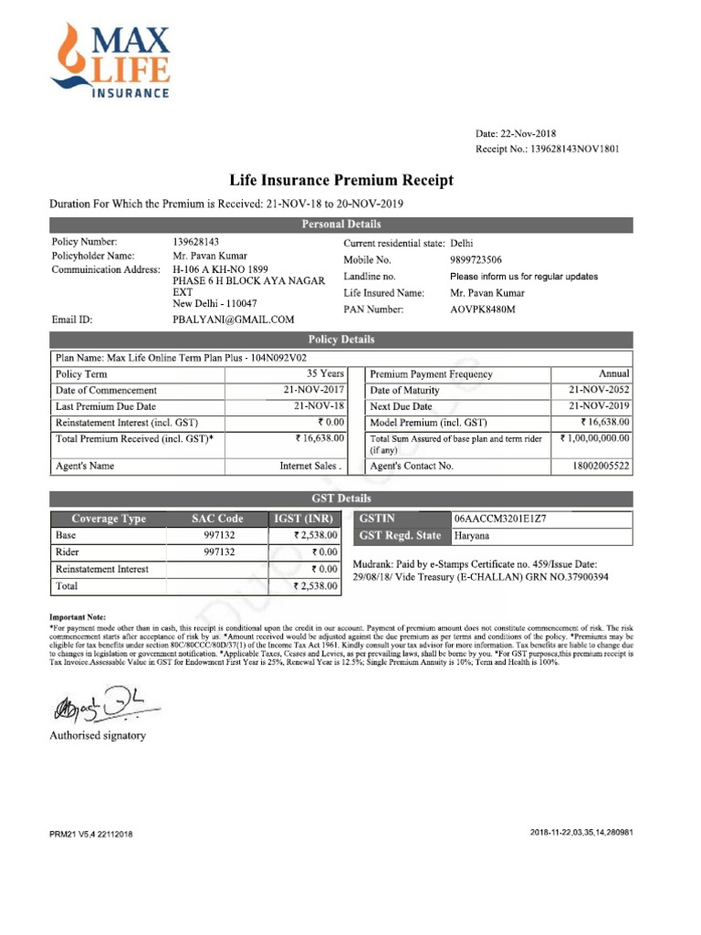 Insurance Premium Receipt PDF | PDF