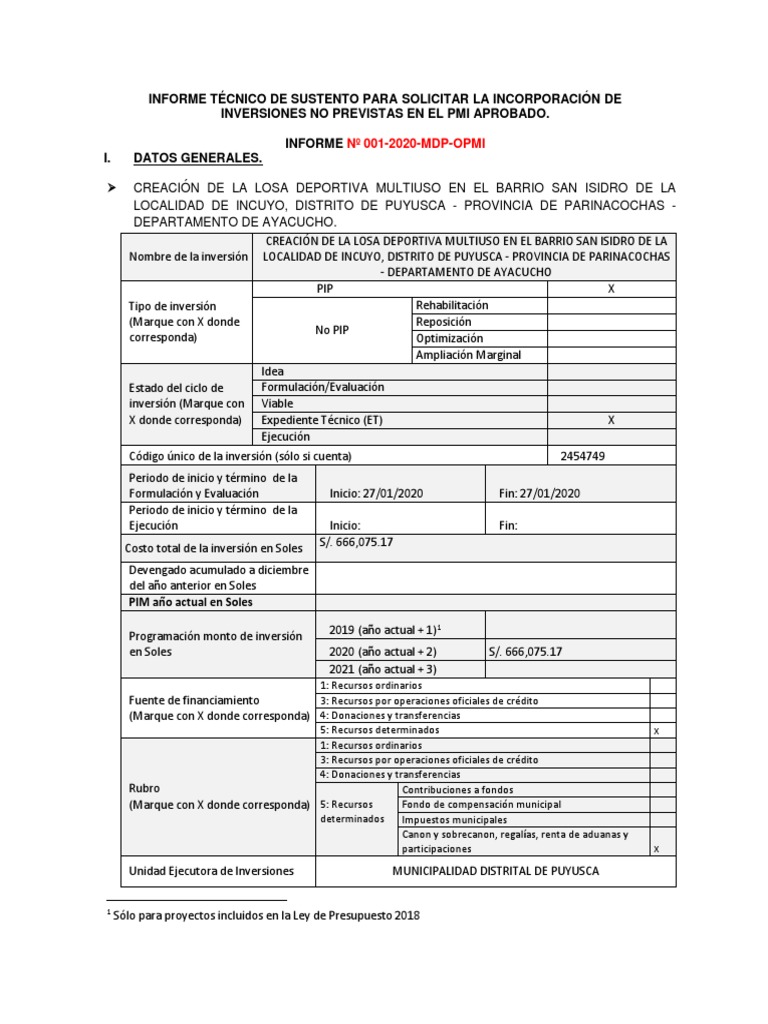 Informe Técnico de Sustento para Solicitar La Incorporación de Inversiones No Previstas en El ...