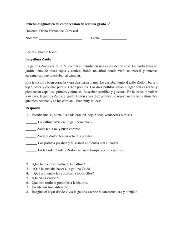 Prueba Diagnóstica de Comprensión de Lectura Grado 3 | PDF