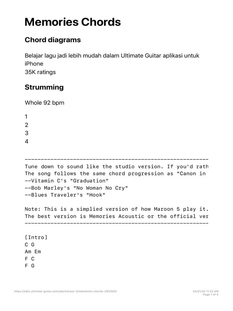 MEMORIES CHORDS (Ver 2) by Maroon 5 @ | PDF | Song Structure | Song ...