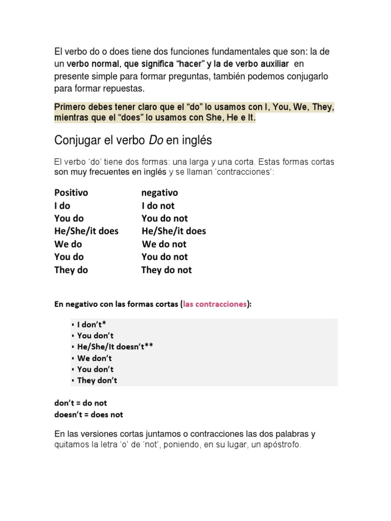 El Verbo Do o Does Tiene Dos Funciones Fundamentales Que Son | PDF