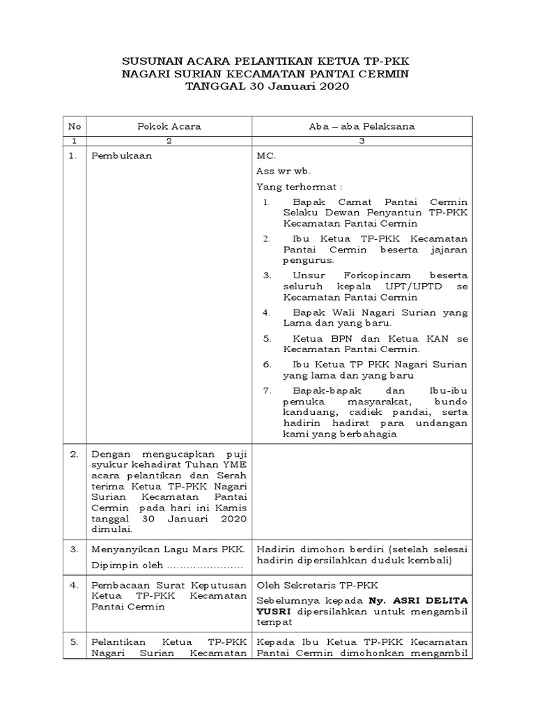 Susunan Acara Pelantikan Ketua TP PKK | PDF
