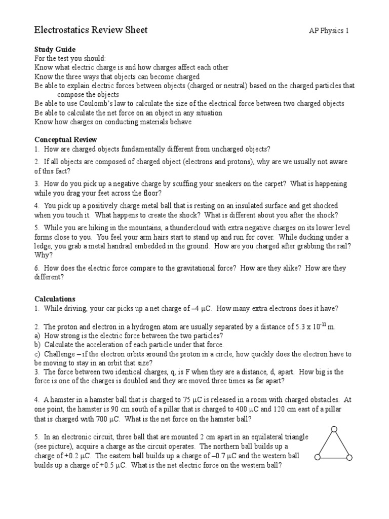 AP - 1 Electrostatics Review Sheet | PDF | Electric Charge | Electrostatics