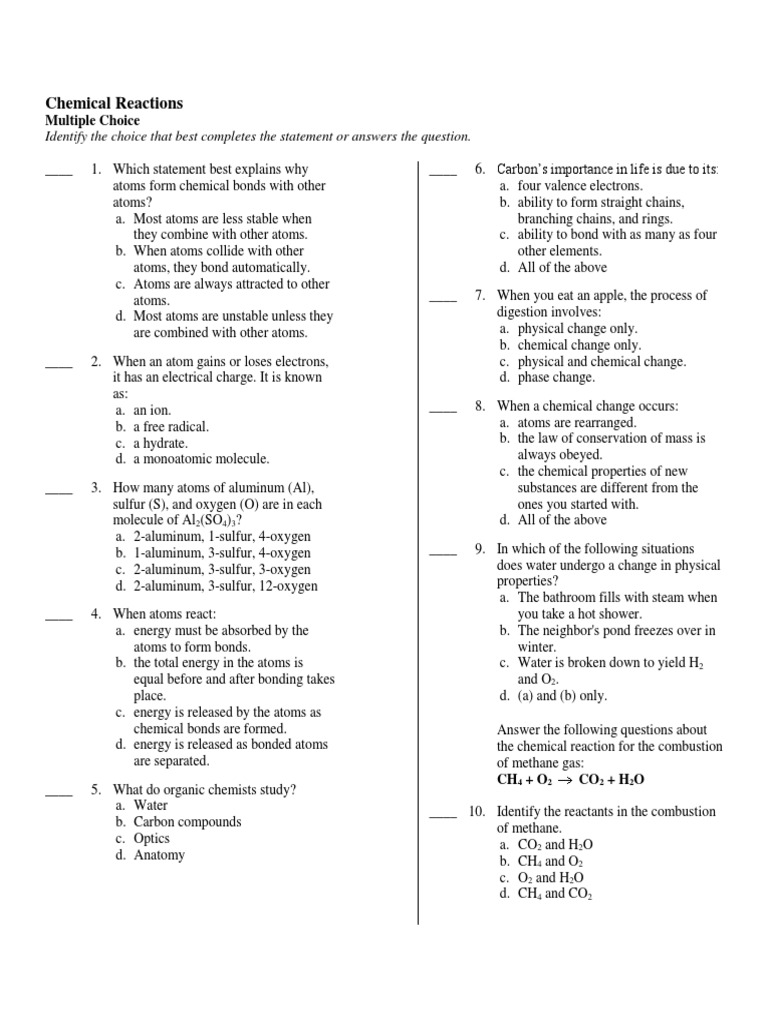 Chemical Reaction Practice Test | PDF | Chemical Reactions | Chemistry