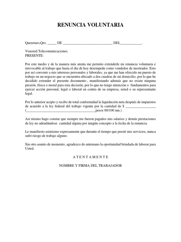 Formato Carta De Renuncia Voluntaria Pdf