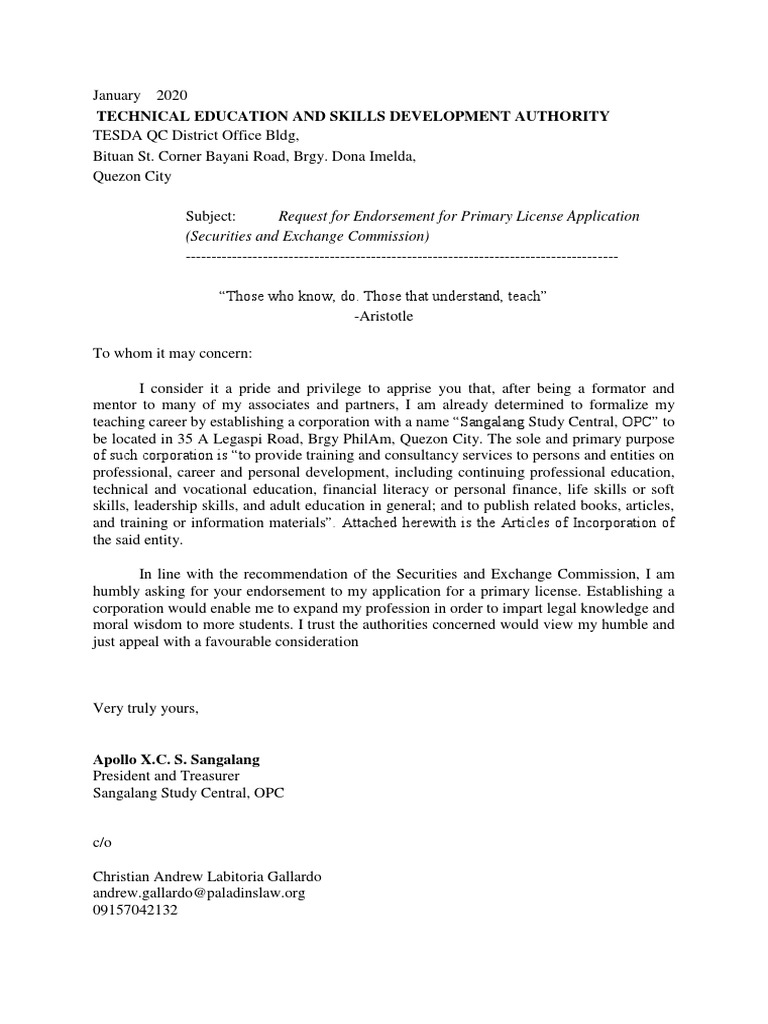 TESDA Letter of Intent | PDF