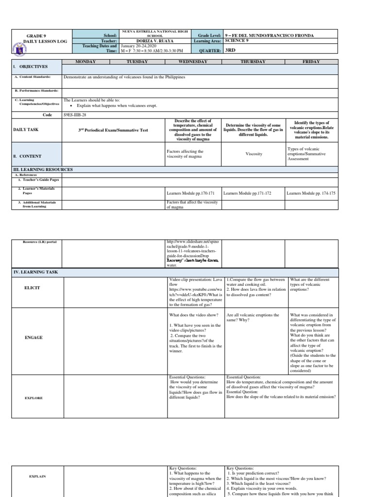 Grade 9 Science: Volcanoes Lesson Plan | PDF | Volcano | Lava