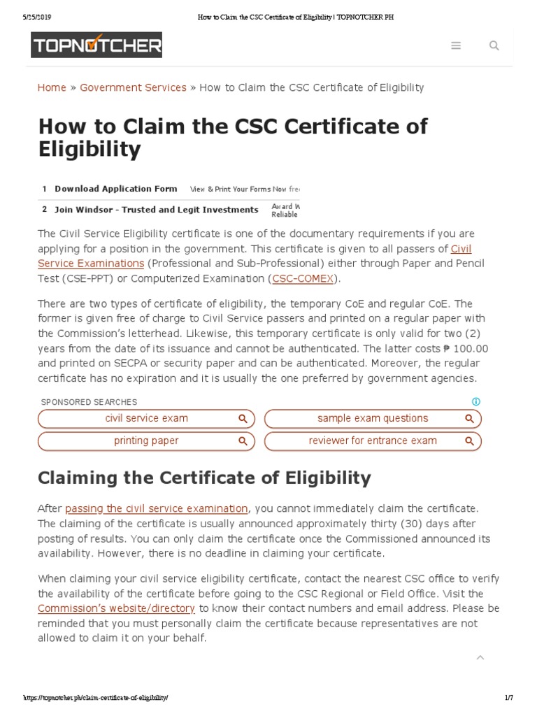 How To Claim The CSC Certificate of Eligibility - TOPNOTCHER PH | PDF ...