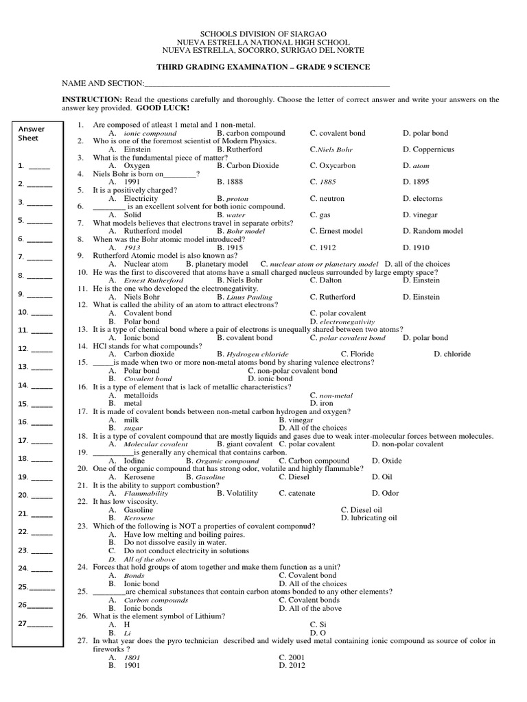 Grade 9 Science Third Grading Examination: Analyzing Key Concepts in ...