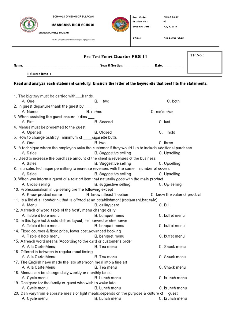 4th Quarter FBS Pre Test 11 | PDF | Menu | Allergy