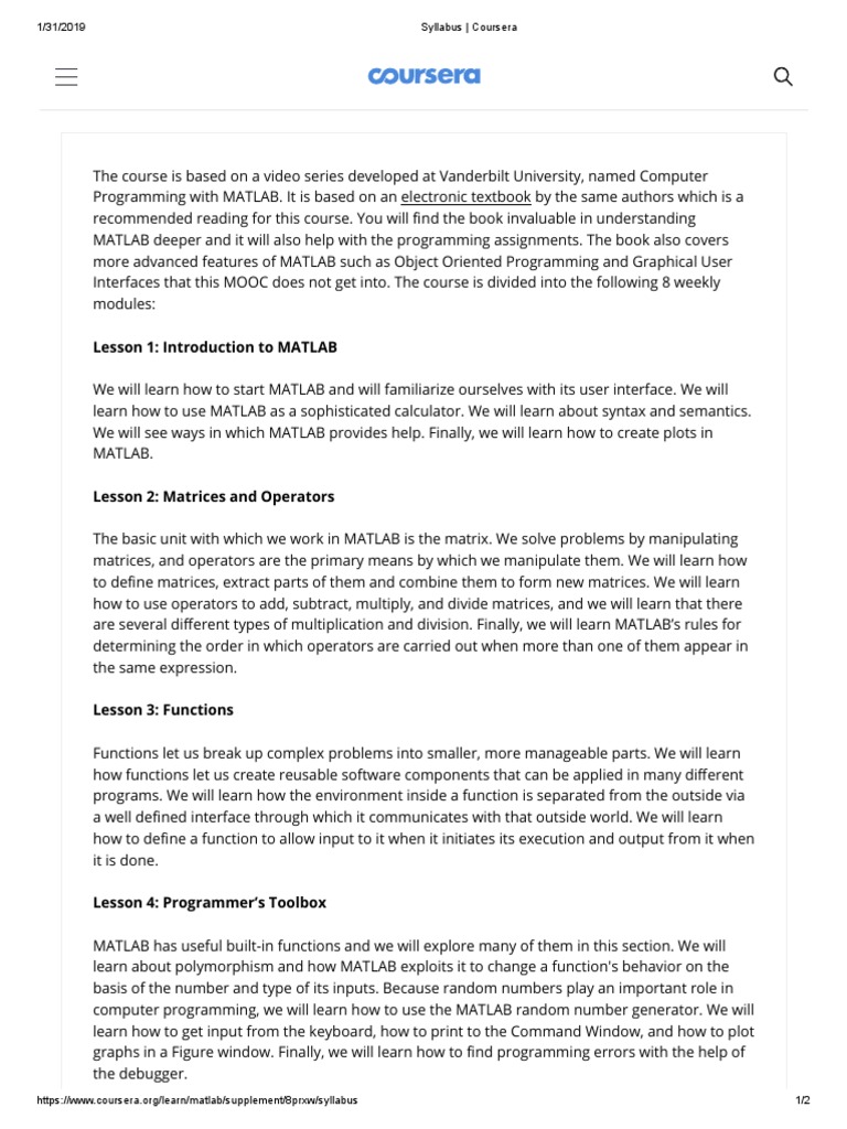 Syllabus - Coursera | PDF | Matlab | Matrix (Mathematics)