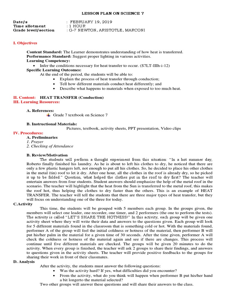 Grade 7 Lesson Plan On Heat | PDF | Electrical Resistivity And ...