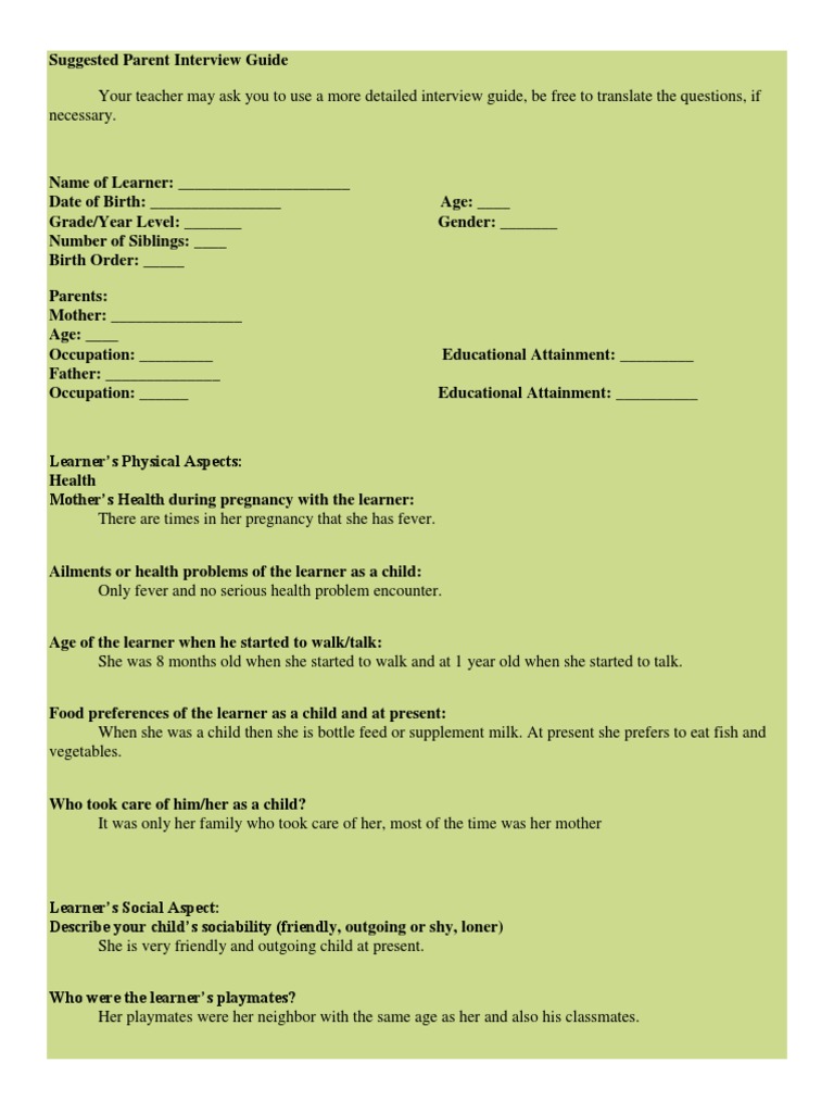 Suggested Parent Interview Guide | Download Free PDF | Parenting ...