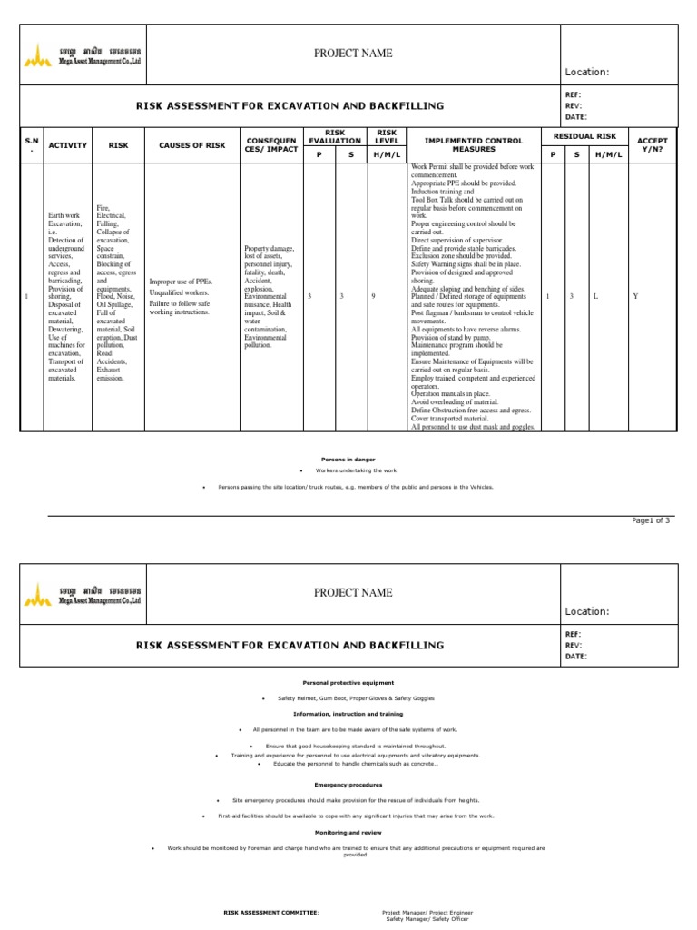 Risk Assessment For Excavation and Backfilling | PDF | Risk Assessment ...
