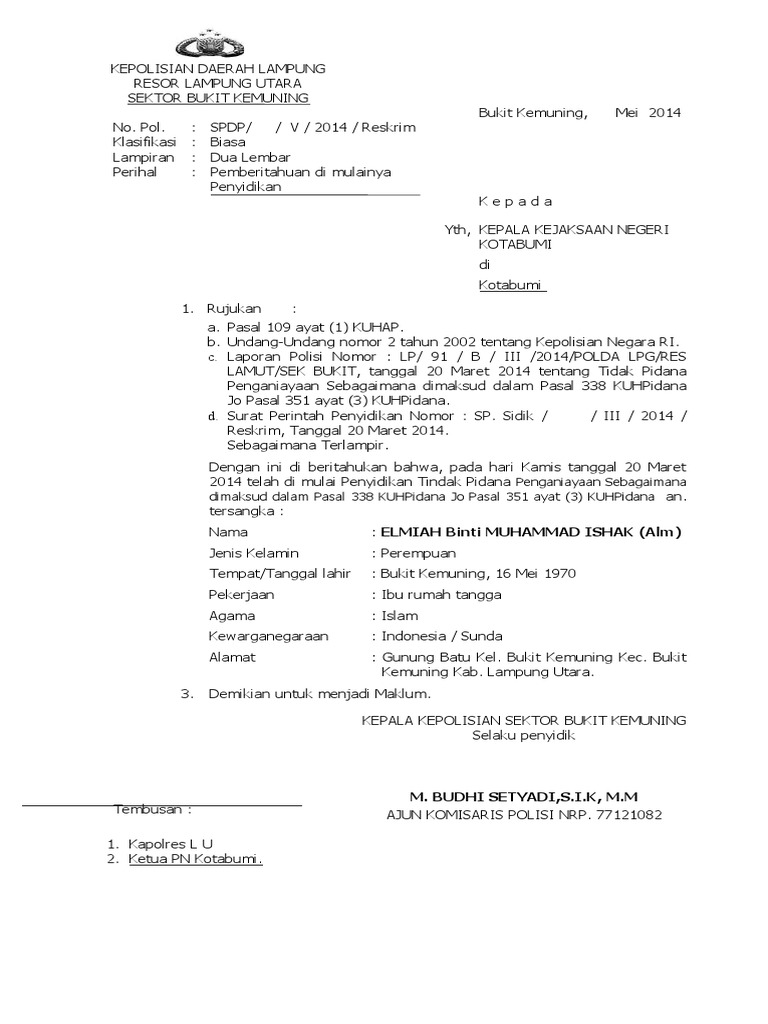 SRT Pemberitahuan Penyidikan SPDP | PDF