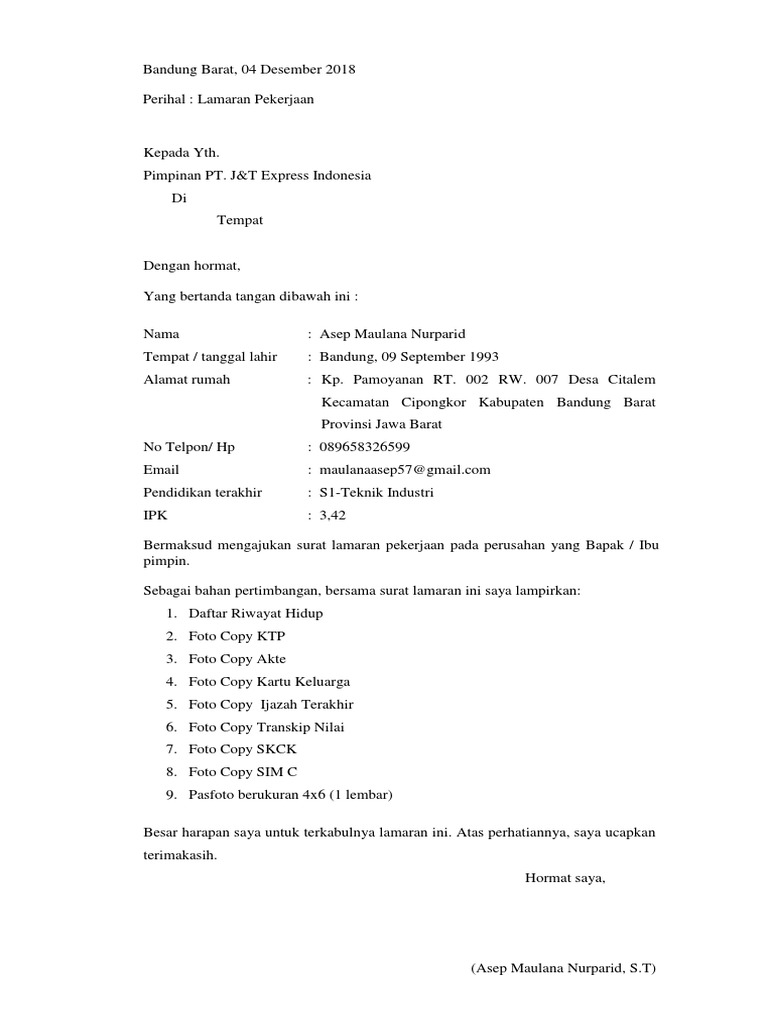 Contoh Surat Lamaran Pekerjaan Ke Jne | PDF