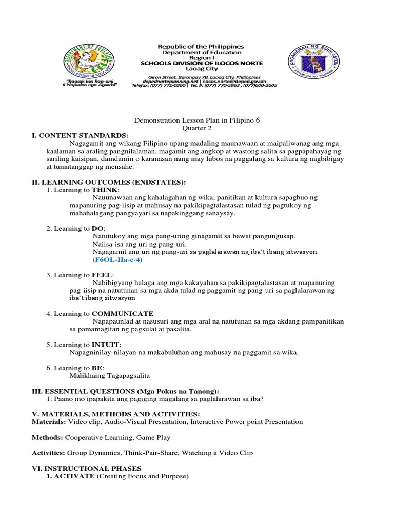 Demo Lesson Plan in Filipino 6 | PDF