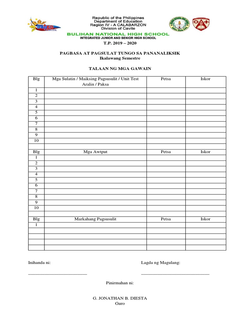 Talaan NG Mga Gawain | PDF