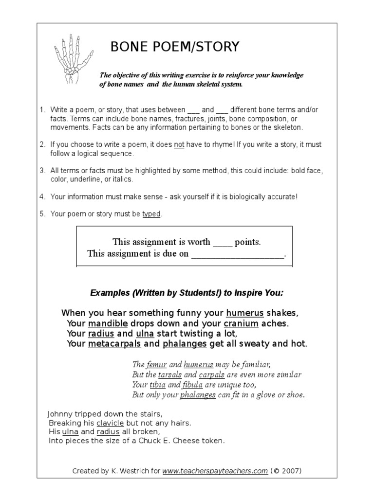 Bone Skeletal System Poem Assignment | PDF