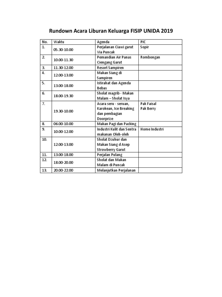 Rundown Acara Liburan Ke Garut 2019 | PDF