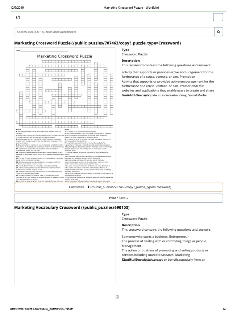 Marketing Crossword Puzzle - WordMint | PDF | Crossword | Retail