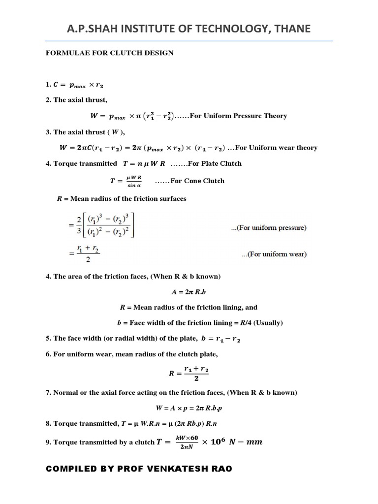 Formulas for Clutch Design: Calculating Key Clutch Parameters such as ...