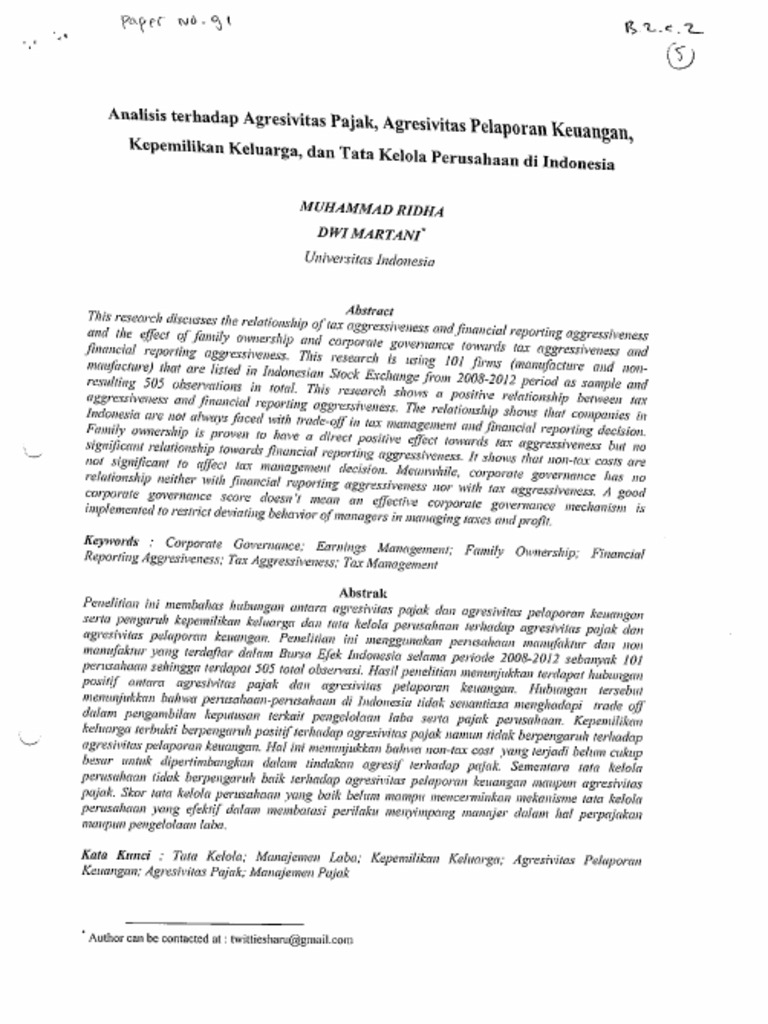 Ridha M Dan Martani Dwi (2014) Analisis Terhadap Agresivitas Pajak ...