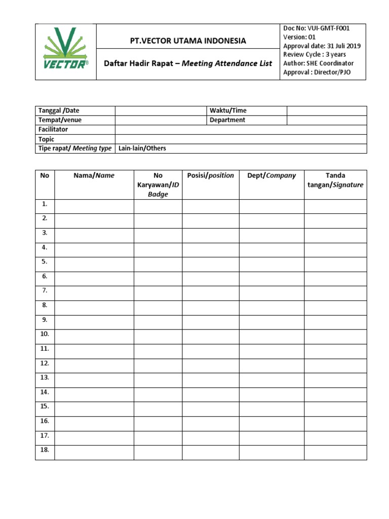 Daftar Hadir Rapat - Meeting Attendance List | PDF
