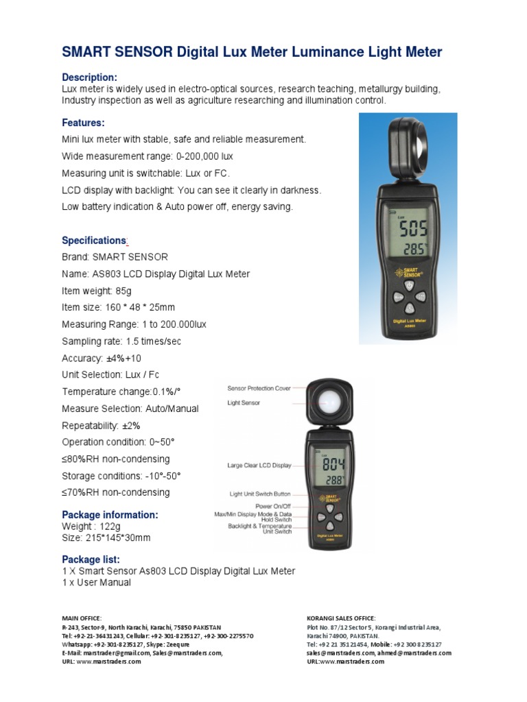 Smart Sensor AS803 Lux Meter Overview | PDF | Technology & Engineering