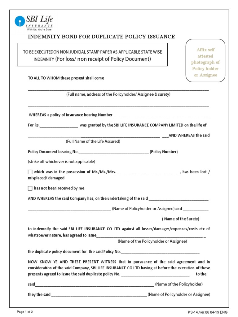 Indemnity Bond For Duplicate Policy Issuance English | PDF | Indemnity ...