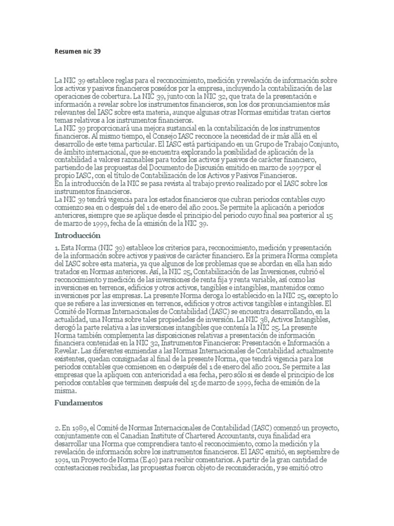 Resumen de la NIC 39: Norma sobre el reconocimiento y medición de ...