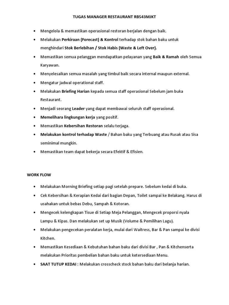 Tugas & Flow Manager Resto | PDF