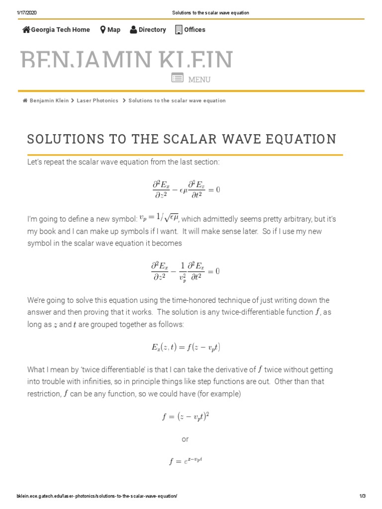 3.solutions To The Scalar Wave Equation | PDF | Wave Equation | Equations