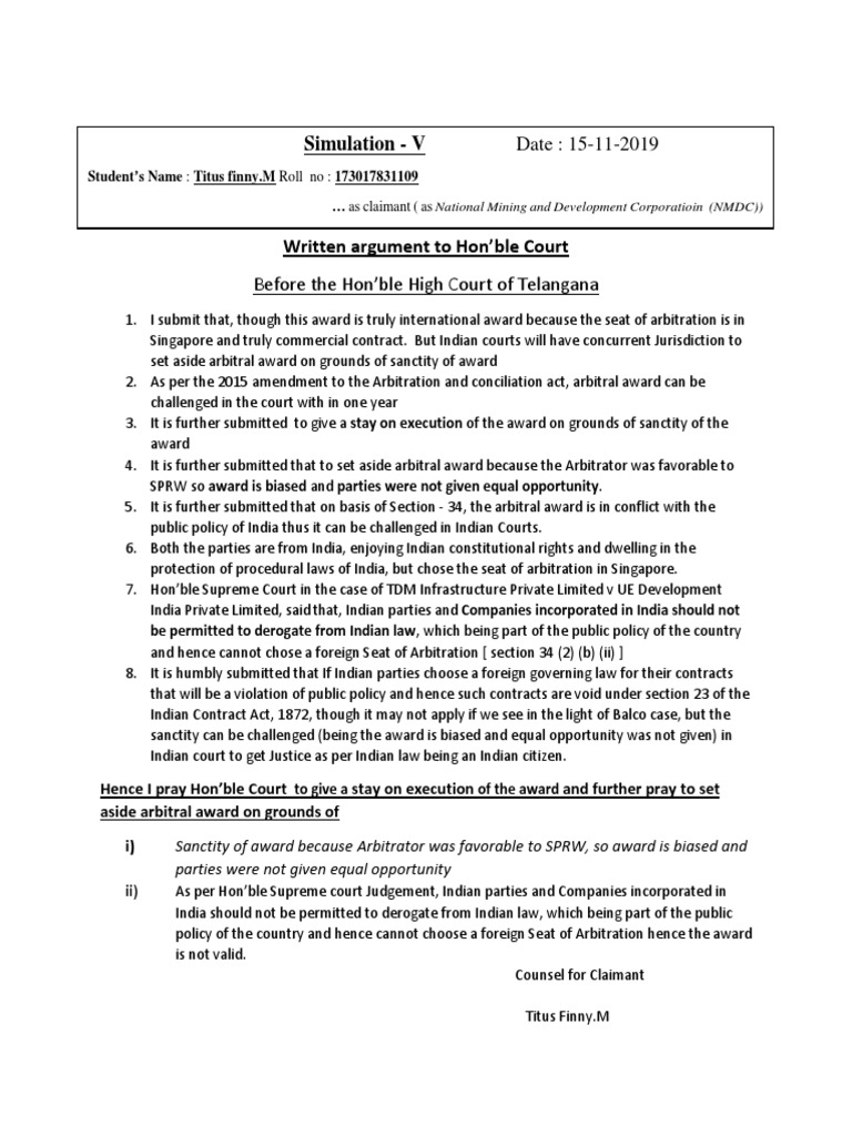 Written Argument | PDF | Arbitration | Supreme Court Of India